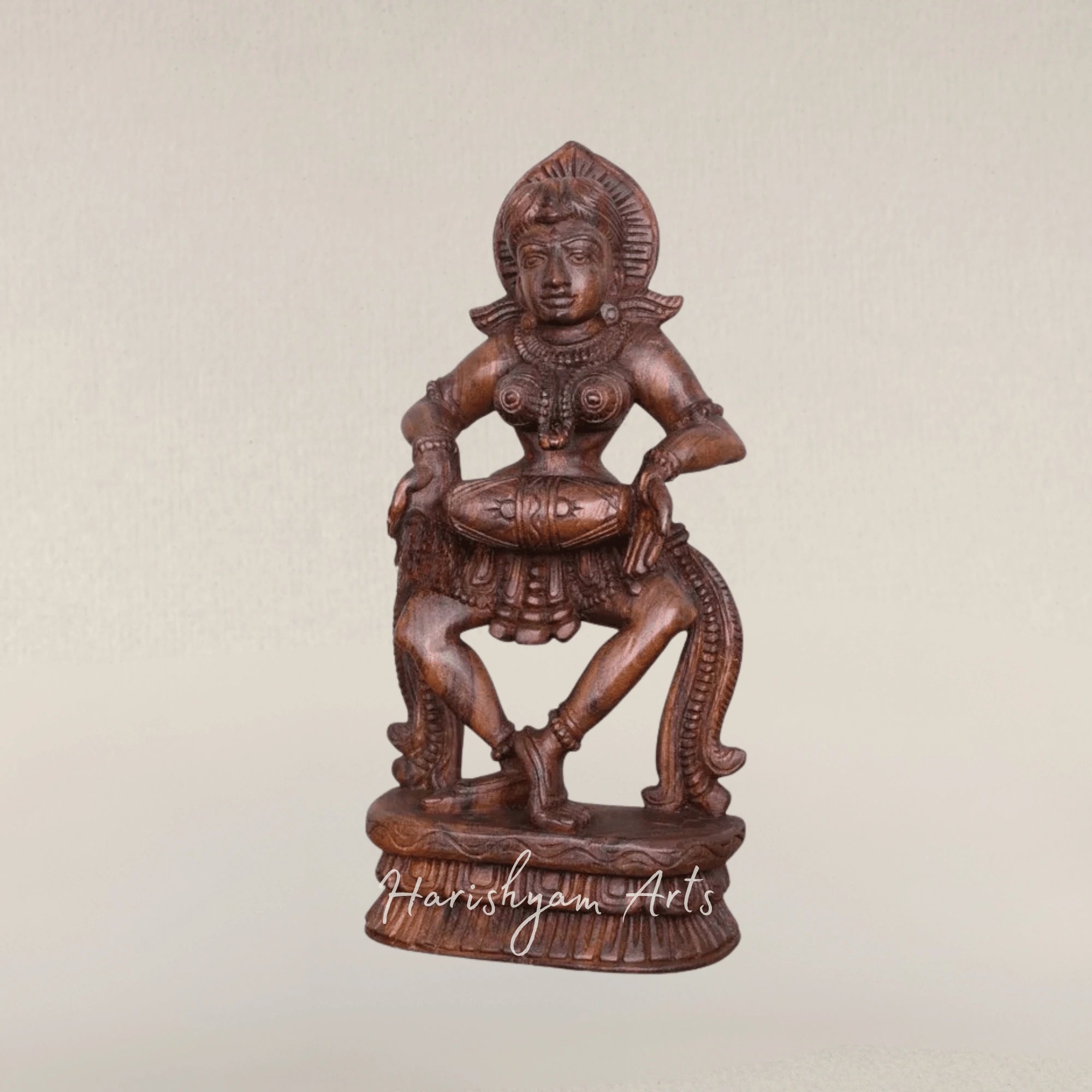 19" Wax Brown Wooden Apsara Figure with Dholak Drum