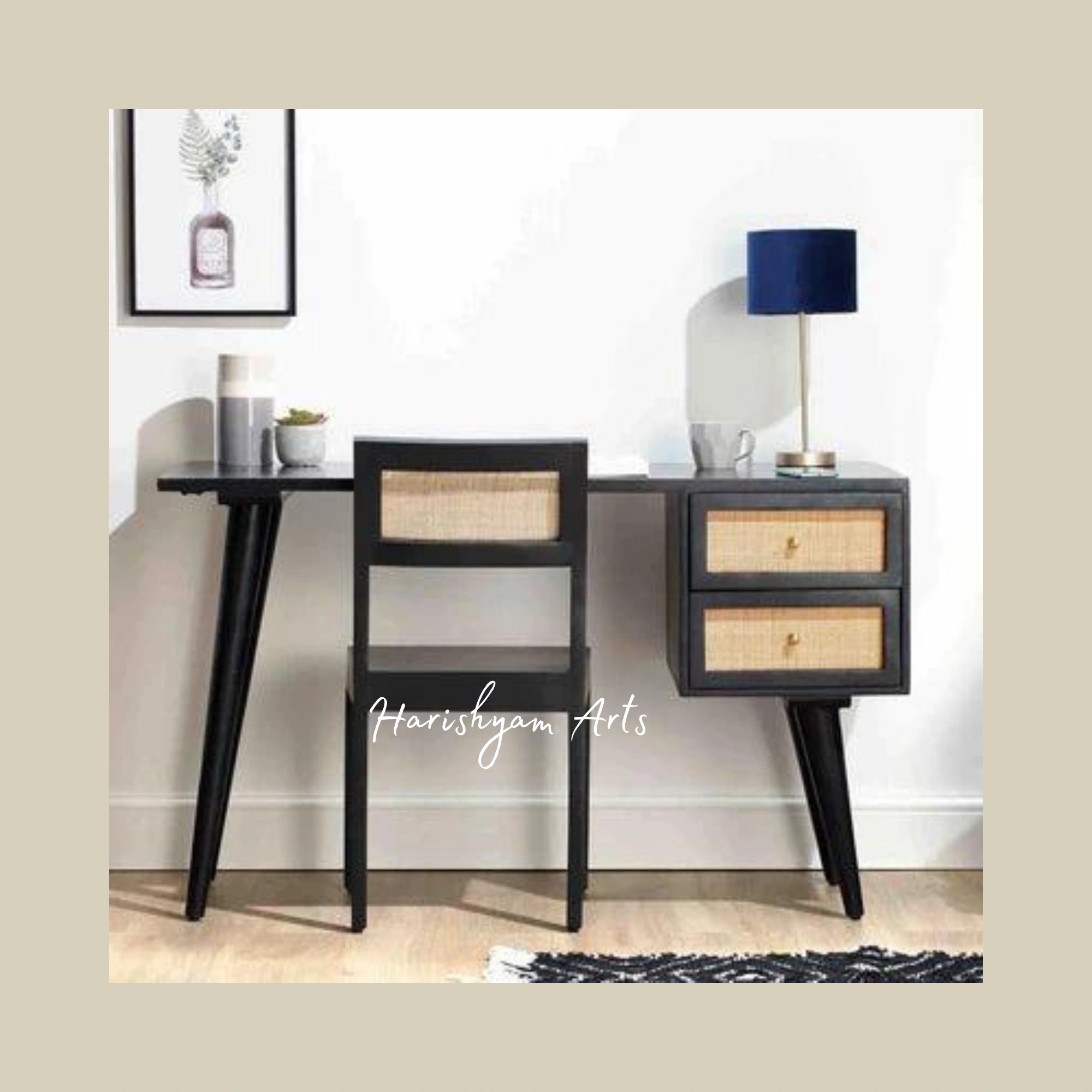 Rattan Accented Study Table with Rustic Charm